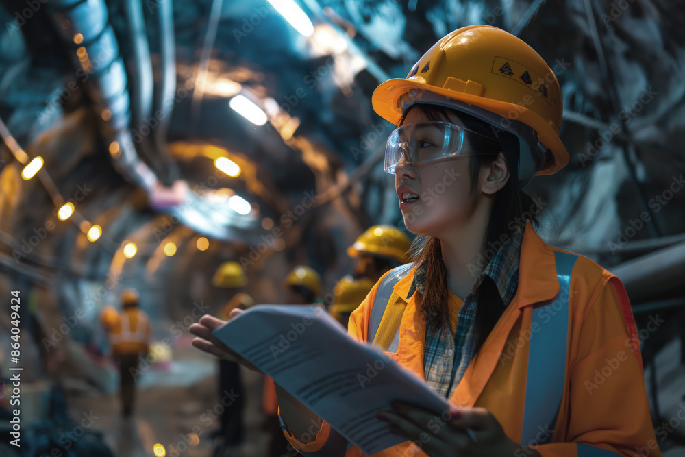 Female engineer wearing a hard hat and safety glasses, holding ...