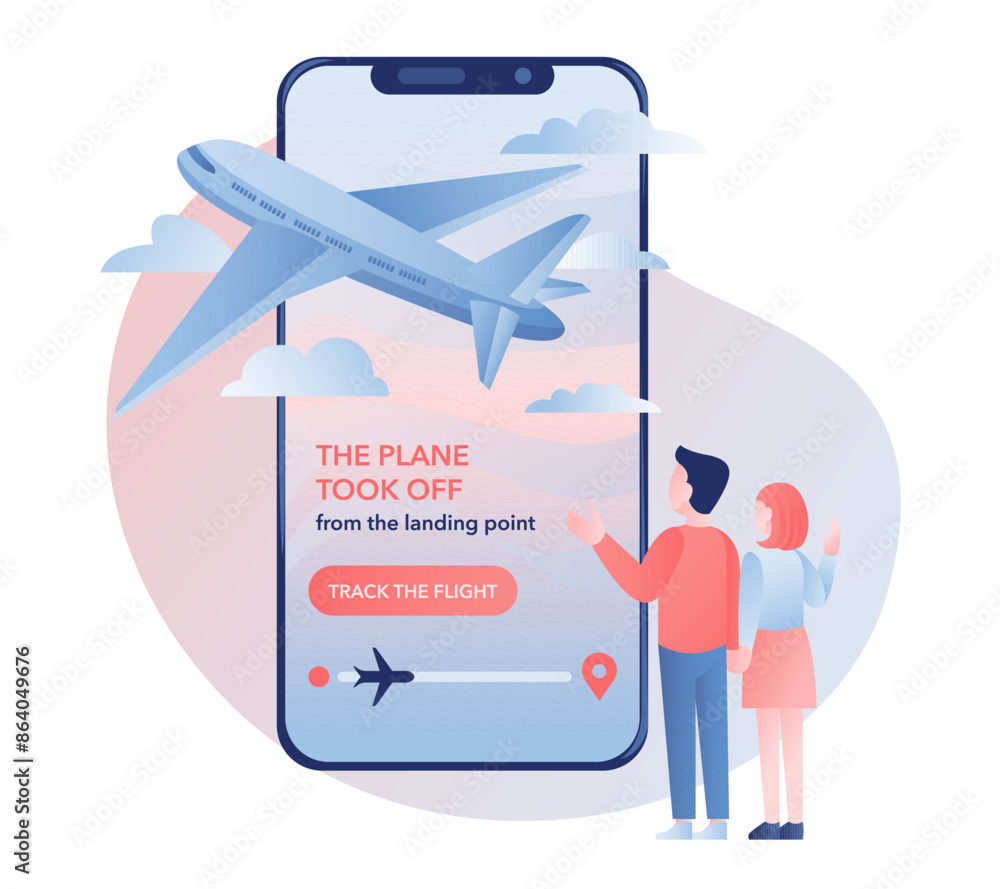 Girl and man waving goodbye to a departing plane. In the background ...
