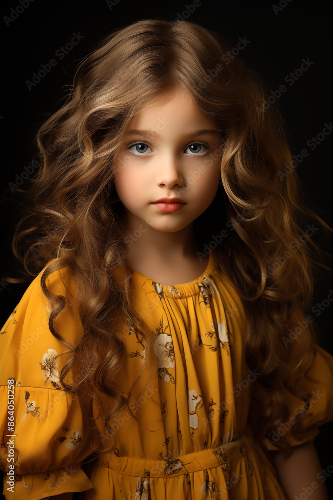 Studio portrait of cute curly little teen girl. Portrait of a beautiful ...