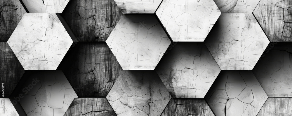 Abstract hexagon geometry background in monochrome. The hexagons have a ...