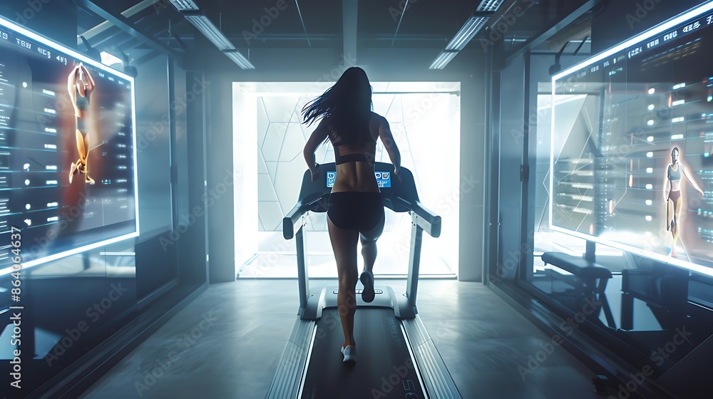 A fit athlete using a new high-tech treadmill in a state-of-the-art gym ...