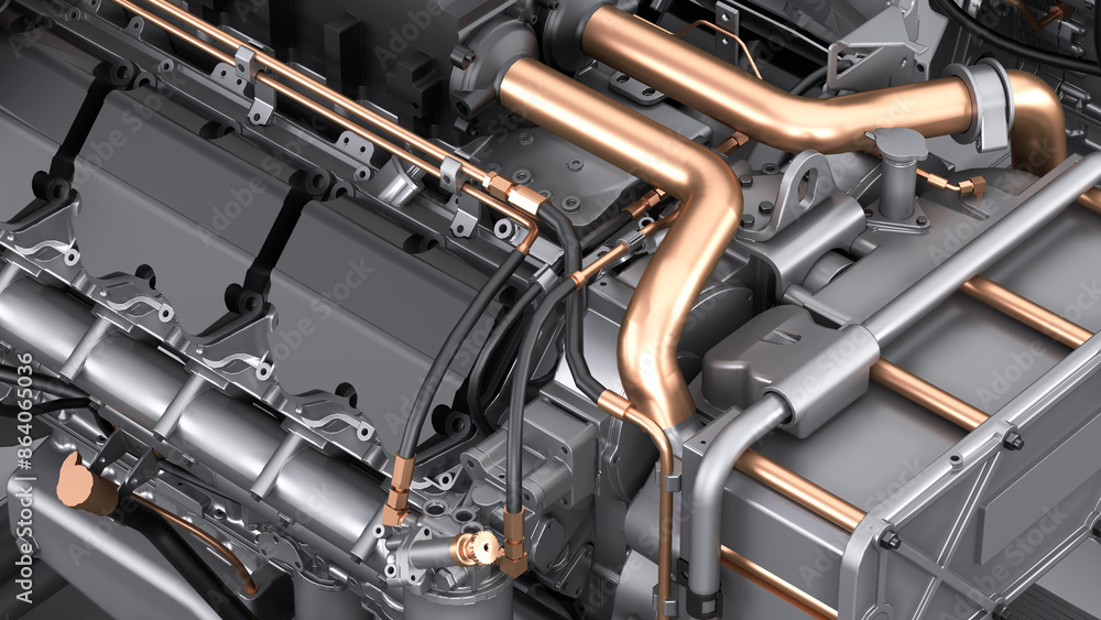 Powerful motor with copper tubes and mechanical parts. Engineering ...