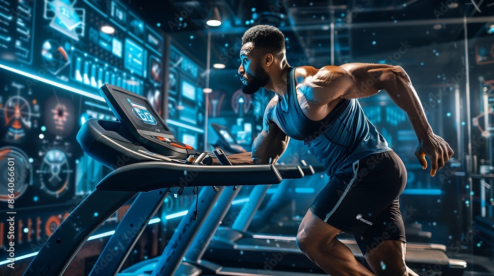 A fit athlete using a new high-tech treadmill in a state-of-the-art gym ...