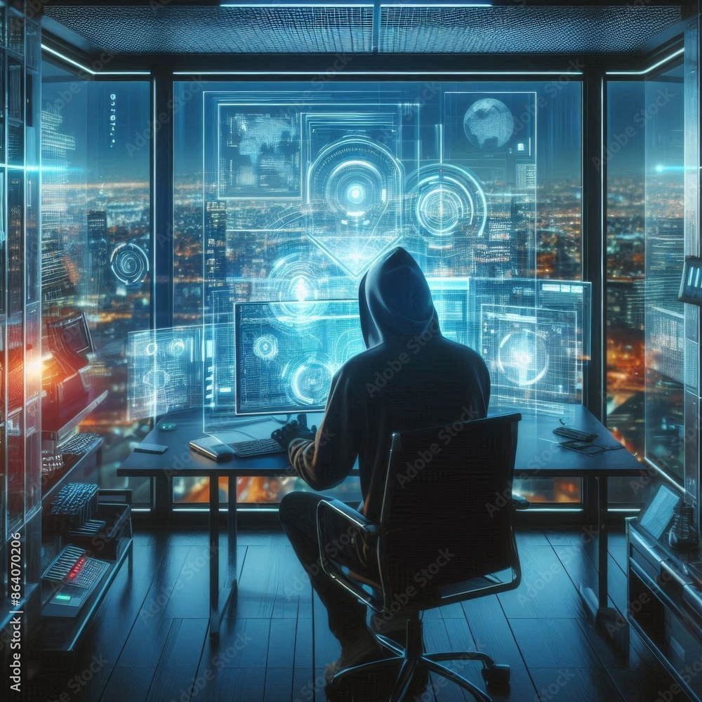 Cybersecurity Expert in High-Tech Command Center, Navigating the Digital Seas, A Hacker’s Urban ...