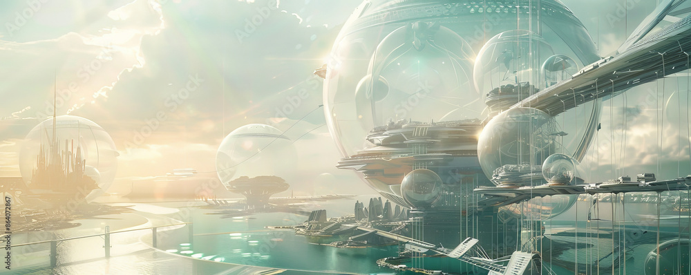 Futuristic landscape depicting a massive floating city above an ocean ...