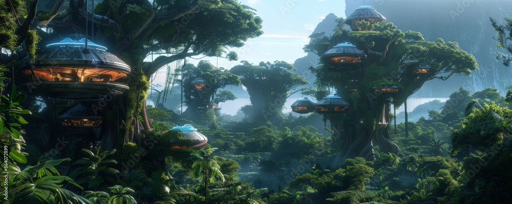 Futuristic landscape featuring a high-tech jungle village with advanced ...