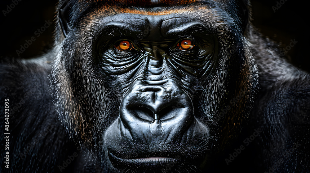 Portrait face powerful dominant male gorilla on black background ...