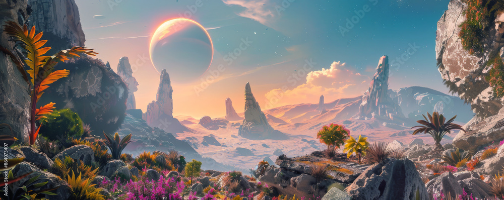 Futuristic landscape of a rocky exoplanet with massive, alien ...