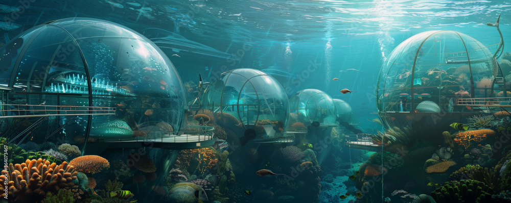 Futuristic landscape of a sprawling underwater city with transparent ...