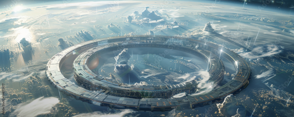 Futuristic landscape showing a massive orbital ring encircling the ...