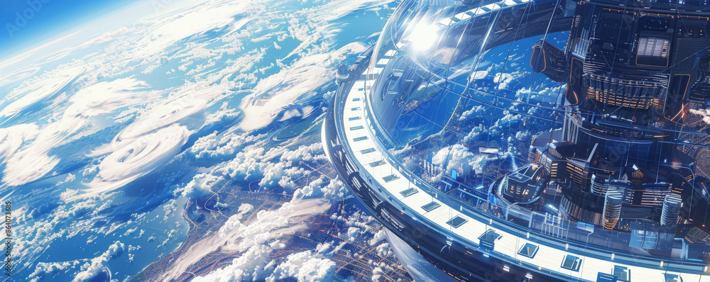 Futuristic landscape showing a massive orbital ring encircling the ...
