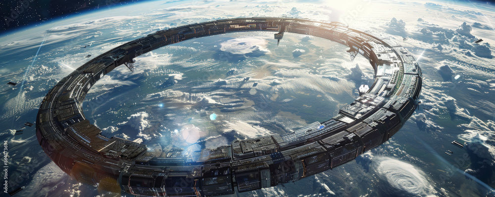 Futuristic landscape showing a massive orbital ring encircling the ...
