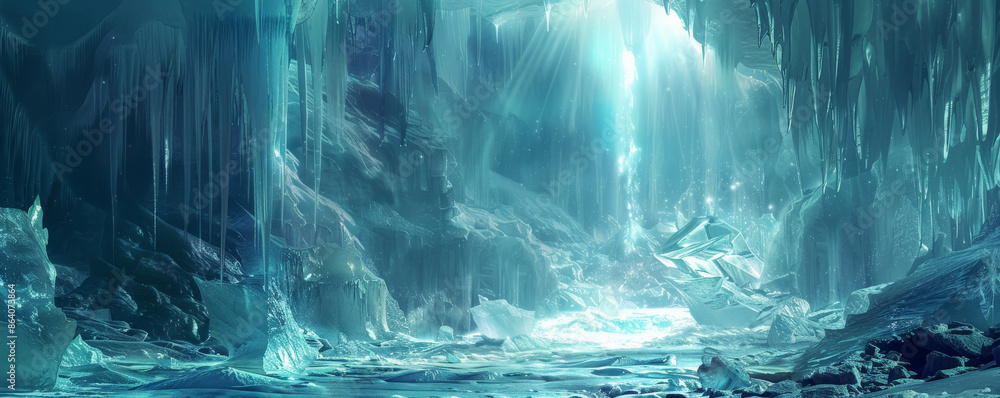Ice background depicting an ice cave, with translucent ice walls and a ...