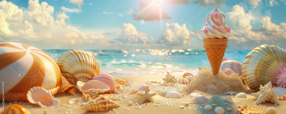 Ice cream background depicting a beach scene with ice cream cones in ...