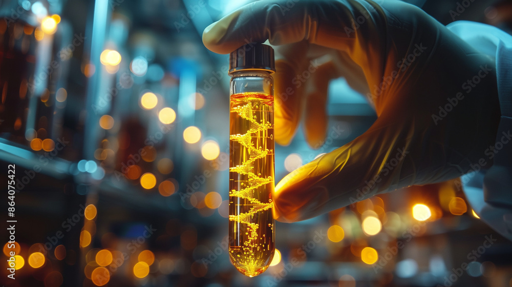 Scientist holding vial with liquid conducting genetics research ...