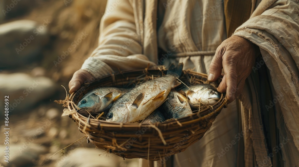 Jesus holding a basket with fish and bread. Biblical-themed artwork ...
