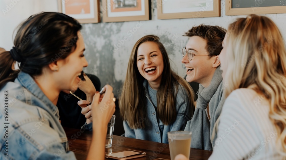 four friends laughing at cafe, friends enjoying cafe chat, happy ...