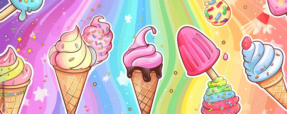 Ice cream background with a whimsical design of cartoon-style ice cream ...