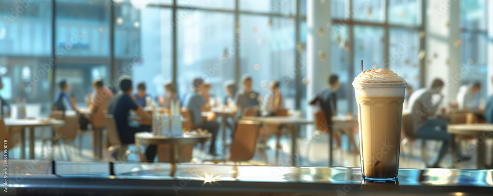 Iced coffee latte background depicting a busy urban cafÃ© scene. The ...