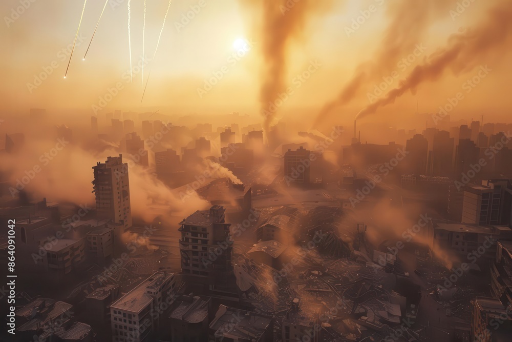 aerial view of a wartorn metropolis smoldering ruins and collapsed ...