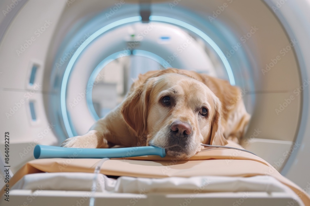 A dog getting an MRI scan at the hospital, wearing a medical suit and ...