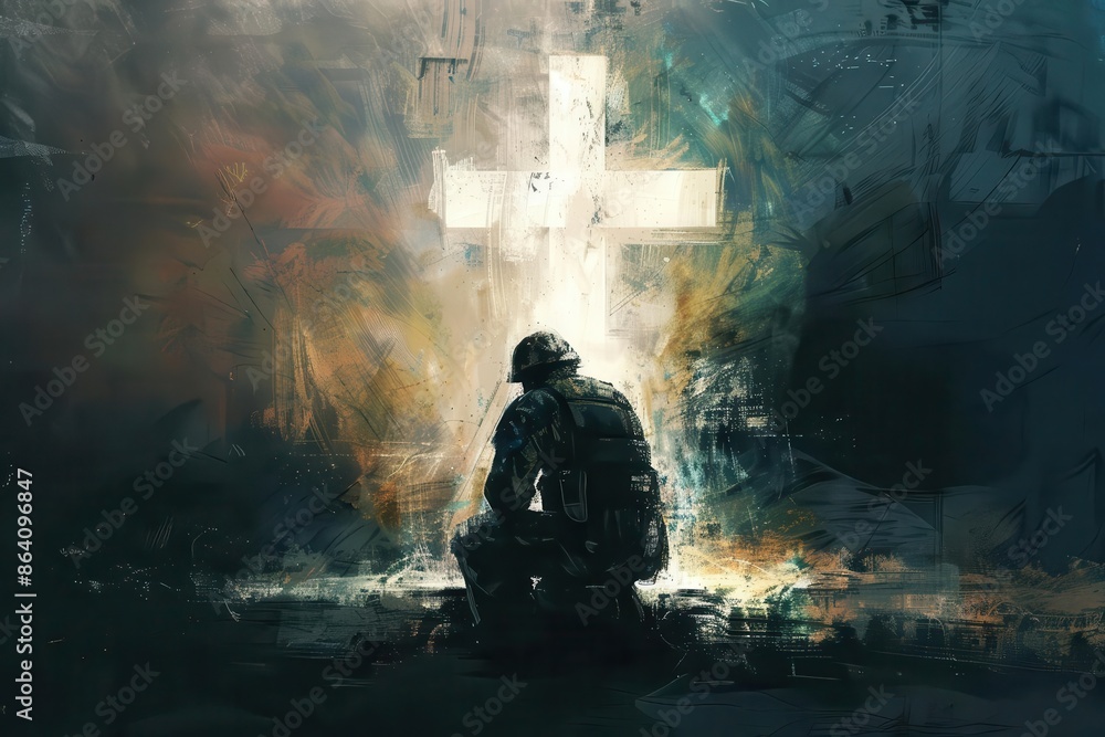 christian soldier in prayer kneeling figure shadowy armor radiant cross ...