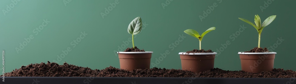 Three stages of plant growth shown in pots with soil, depicting ...