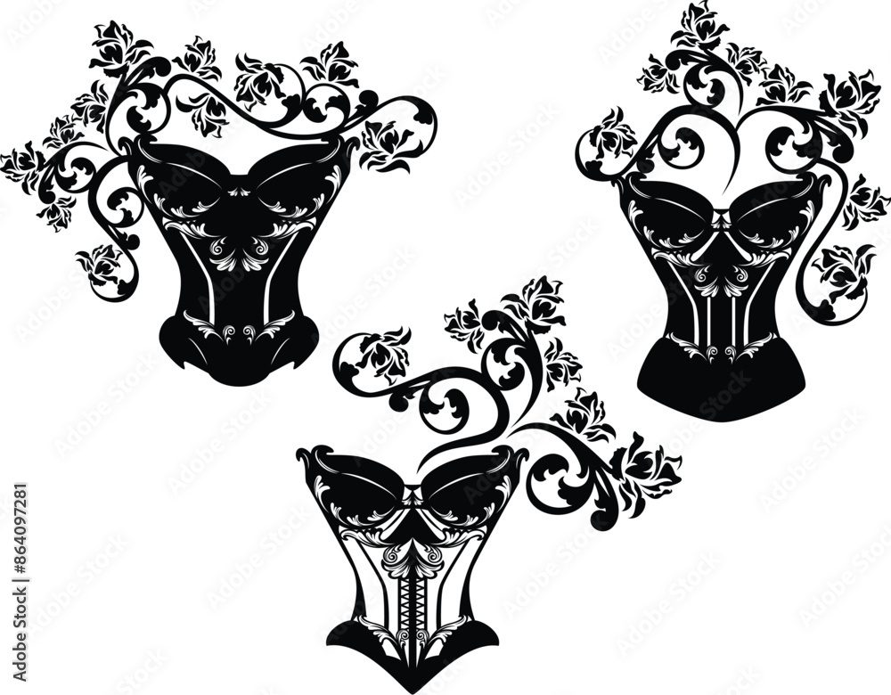 vintage style corset bra lingerie among rose flowers black and white ...
