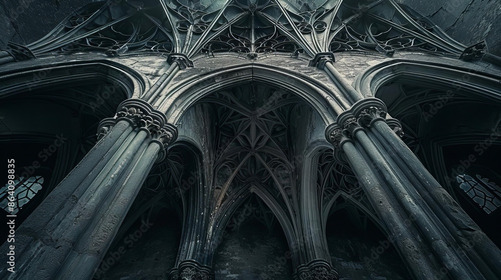 Gothic arches with intricate details, dark and moody, high contrast ...
