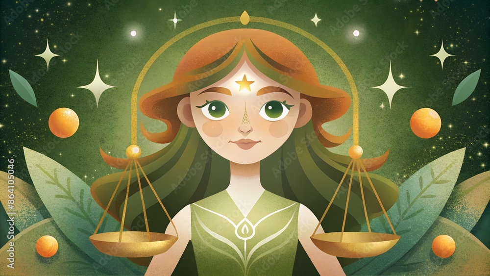 Illustration of Libra zodiac sign girl with green hair holding a pair ...