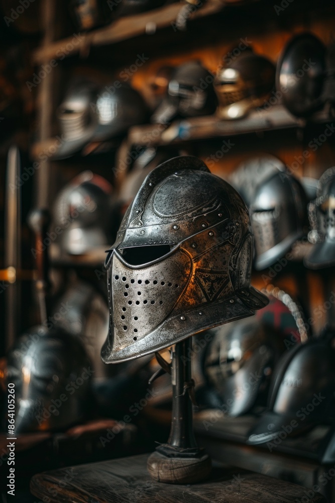 A detailed knight's helmet on a stand, with a softly blurred background ...