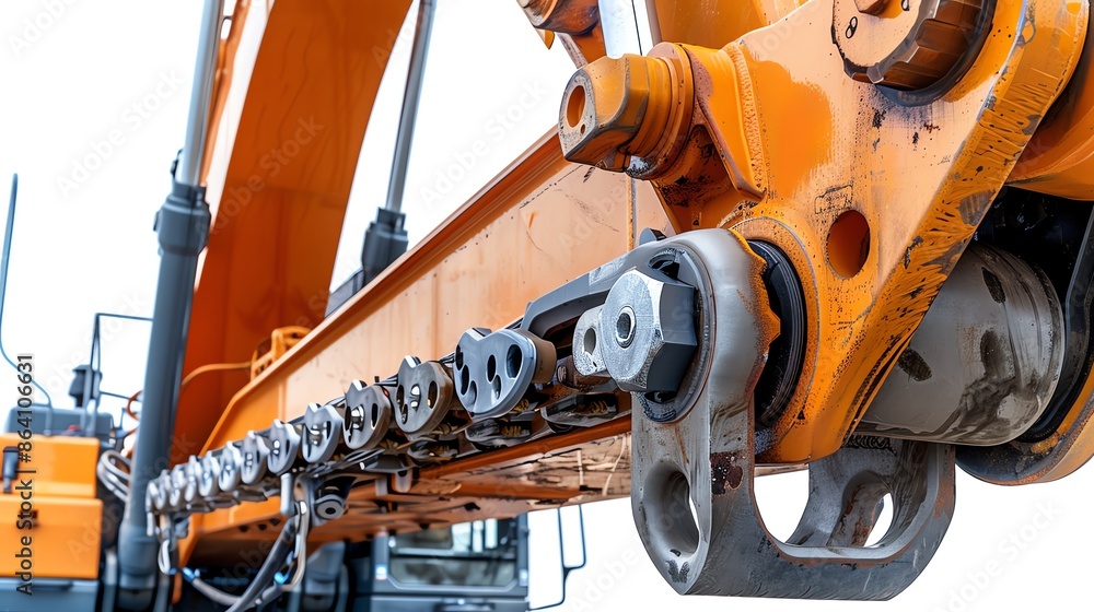 Detailed photo of an excavator's quick coupler system, isolated on ...