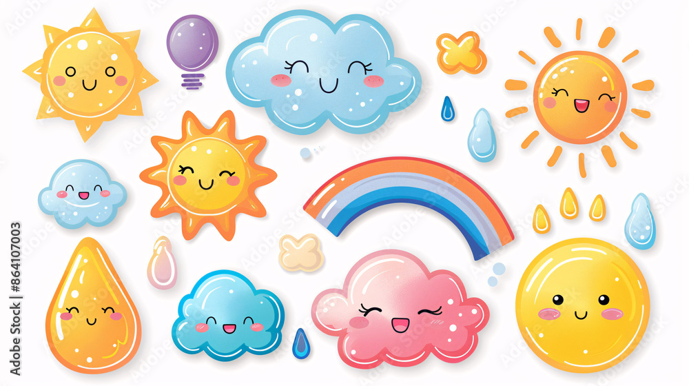 Cute kawaii weather stickers with smiling sun and clouds on white ...