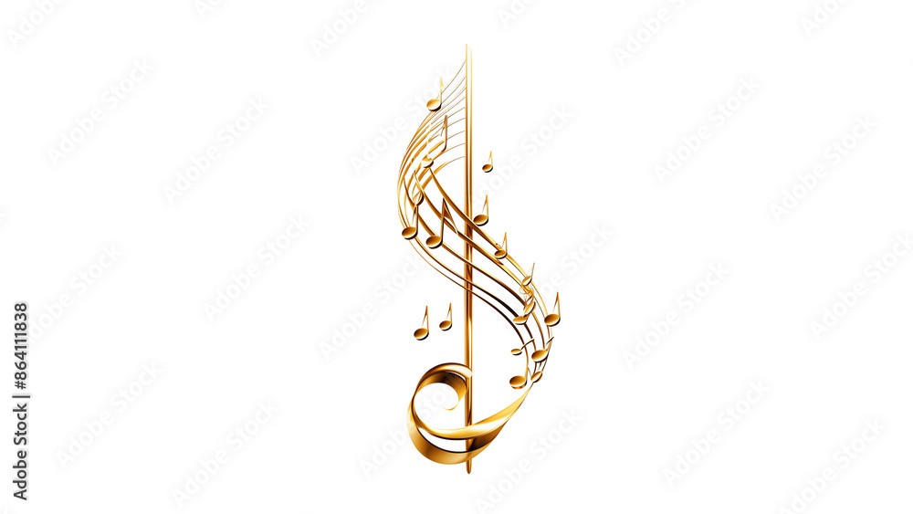 Golden music note cutout. Isolated music note staff on transparent ...