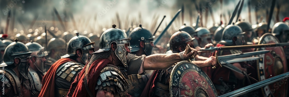 A dramatic image of Roman legionnaires in full armor clashing in battle ...