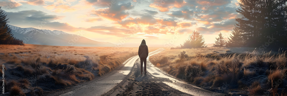 Fork in the Road A person standing at a fork in the road, symbolizing a ...