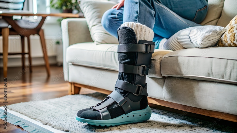 Ankle sprain orthosis, black splint, walker boot on leg sitting on the ...