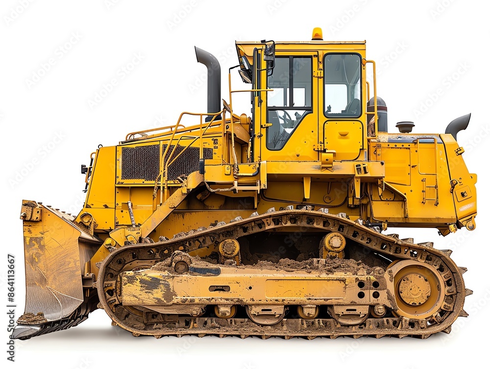 Compact bulldozer with ripper attachment, side view, isolated on white ...