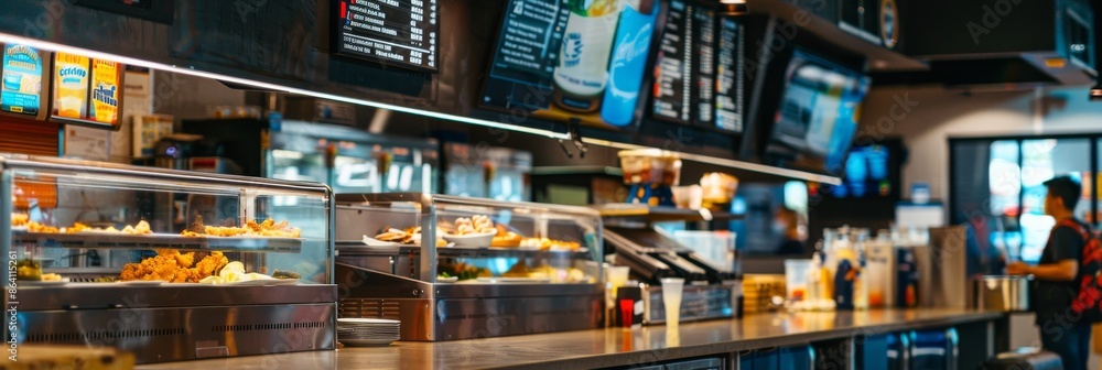 A medium shot of a concession stand inside a busy stadium. The photo ...