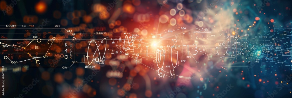 A mid-angle photo of abstract mathematical equations and formulas ...