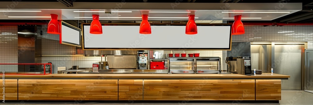 A modern concession stand in a stadium with a large blank menu board ...