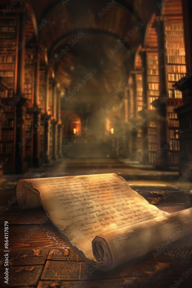 An ancient scroll held open, with a softly blurred background of a ...