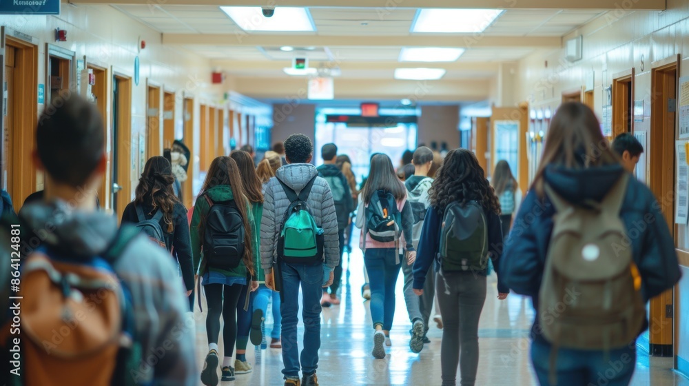 Students walking down a busy high school hallway Stock Photo | Adobe Stock