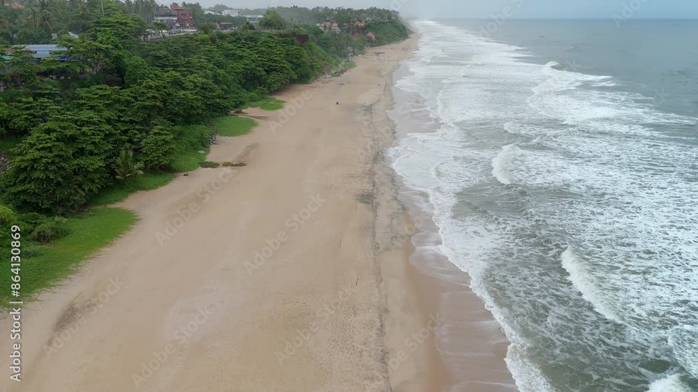 Shoreline of Varkala Cliff Beach, drone view of Varkala beach from the ...