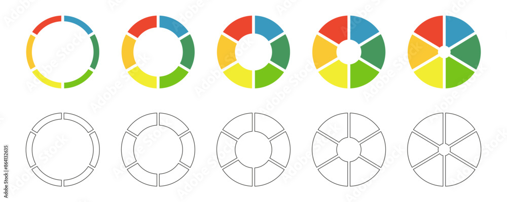 Donut charts set. Pies segmented on 6 equal parts. Wheels divided in ...