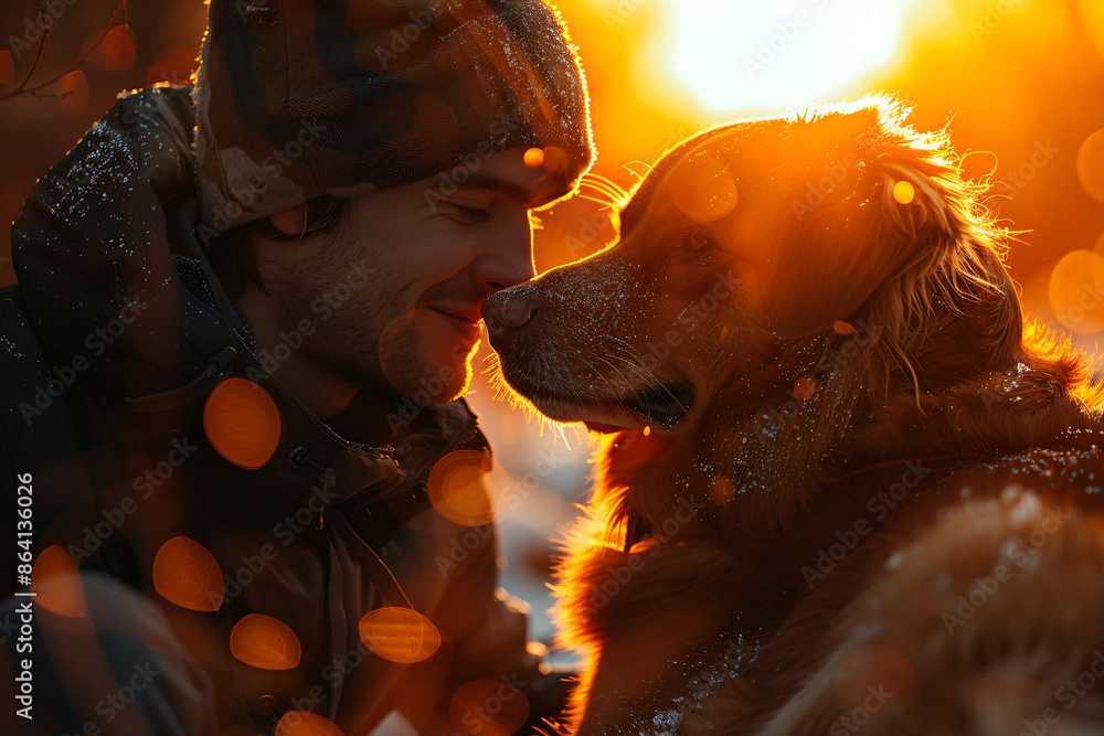 Puppy dog hug and kiss with owner during sunsetting portrait , studio ...