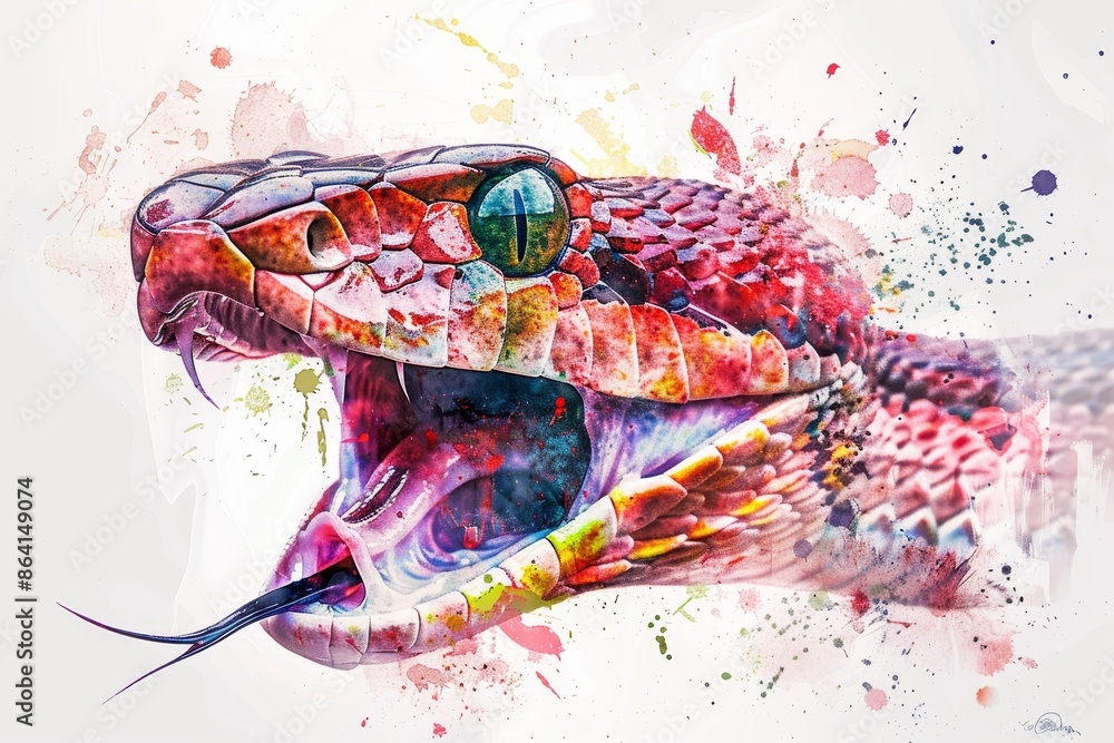 Watercolor painting of a snake with its mouth open. Beautiful for ...