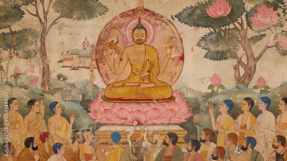 An illustration illustrating the Buddha's first sermon, known as the ...