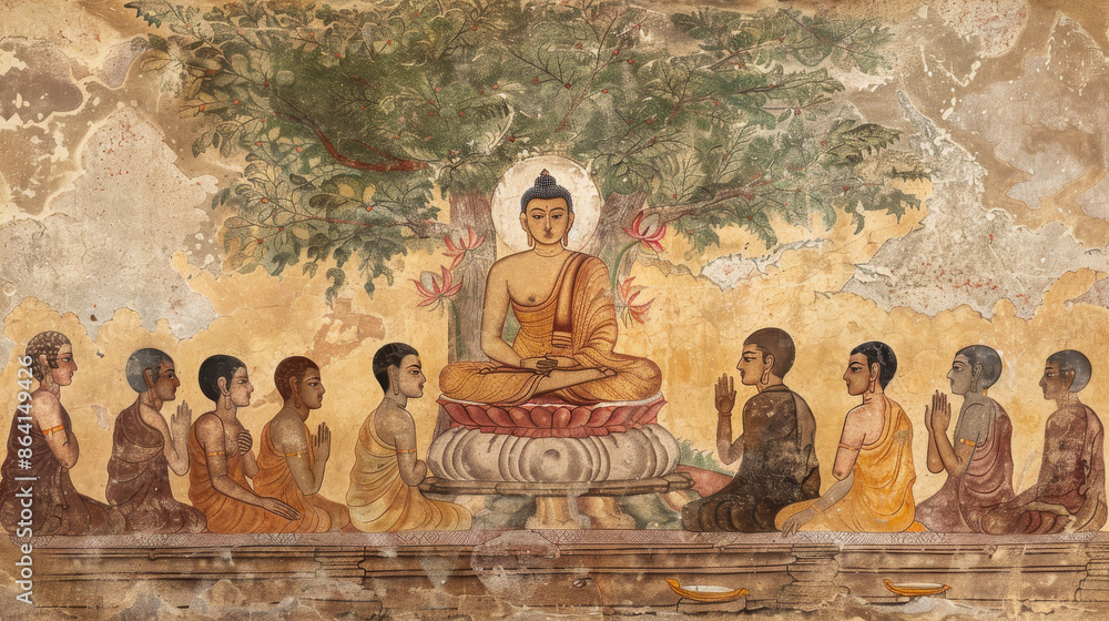 An illustration illustrating the Buddha's first sermon, known as the ...