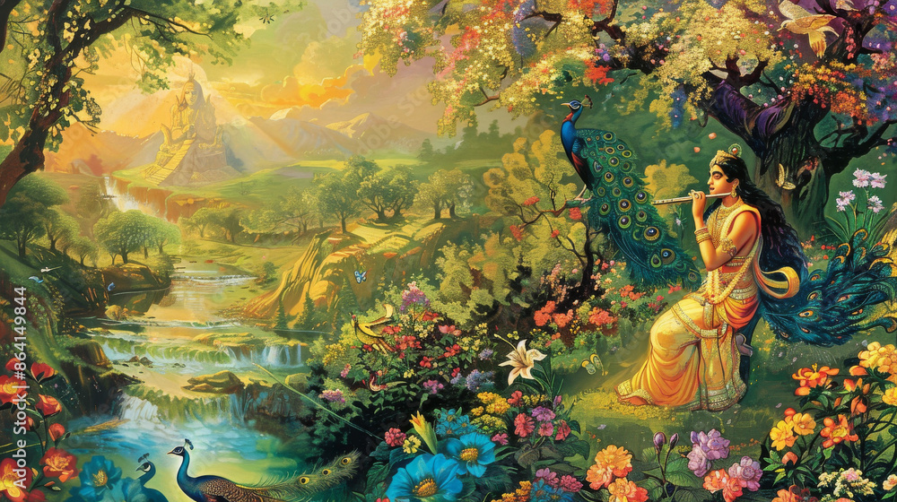 An illustration showing the divine couple Krishna and Radha. The ...